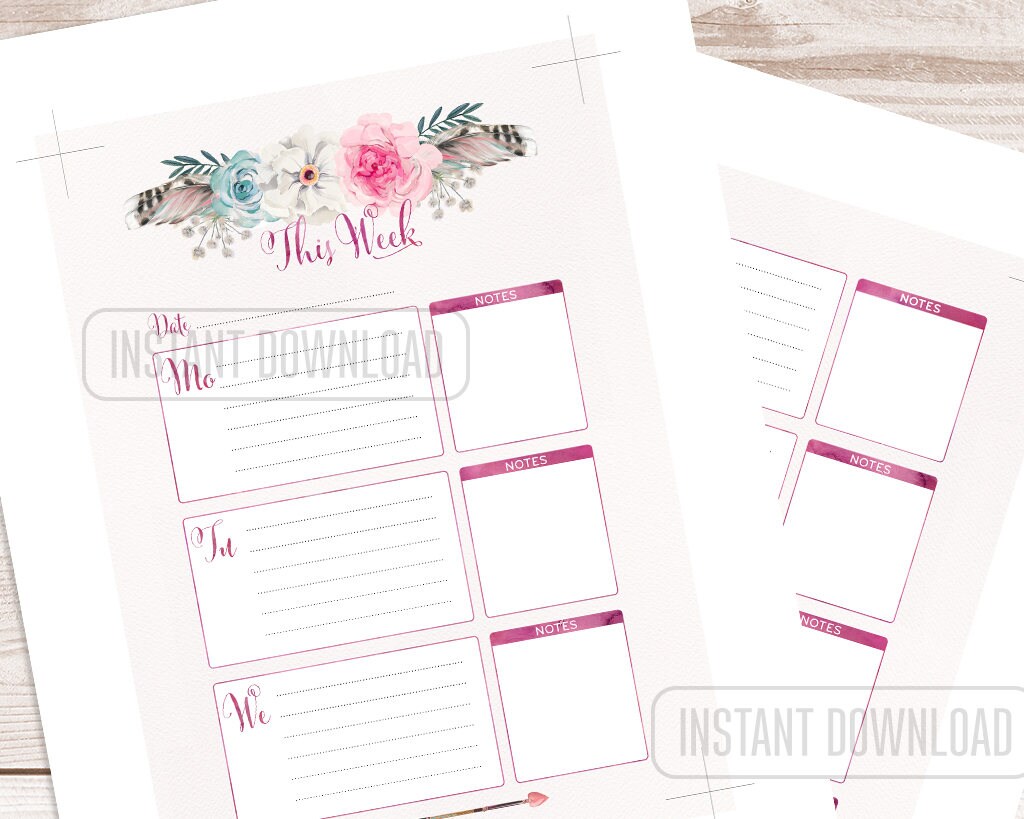 A5 Weekly Planner, Printable Pages, Insert, Watercolor Florals Bohemian ...
