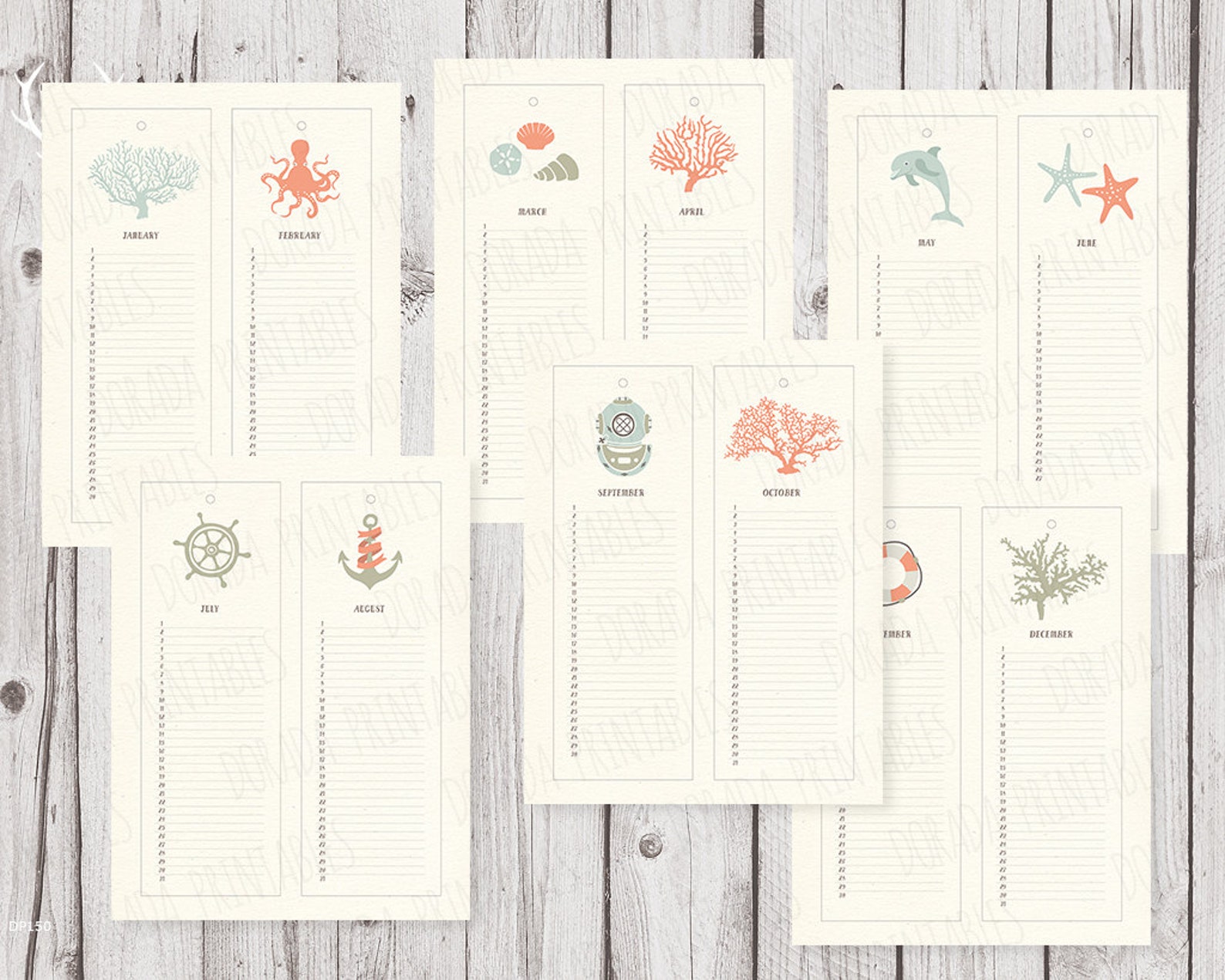 Sea Life Nautical Calendar. Printable Wall Art. Perpetual Twelve Months ...