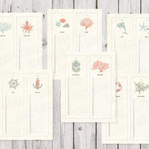 Sea Life Nautical Calendar. Printable Wall Art. Perpetual Twelve Months ...