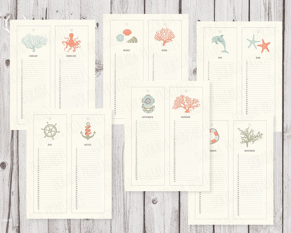 Sea Life Nautical Calendar. Printable Wall Art. Perpetual Twelve Months ...