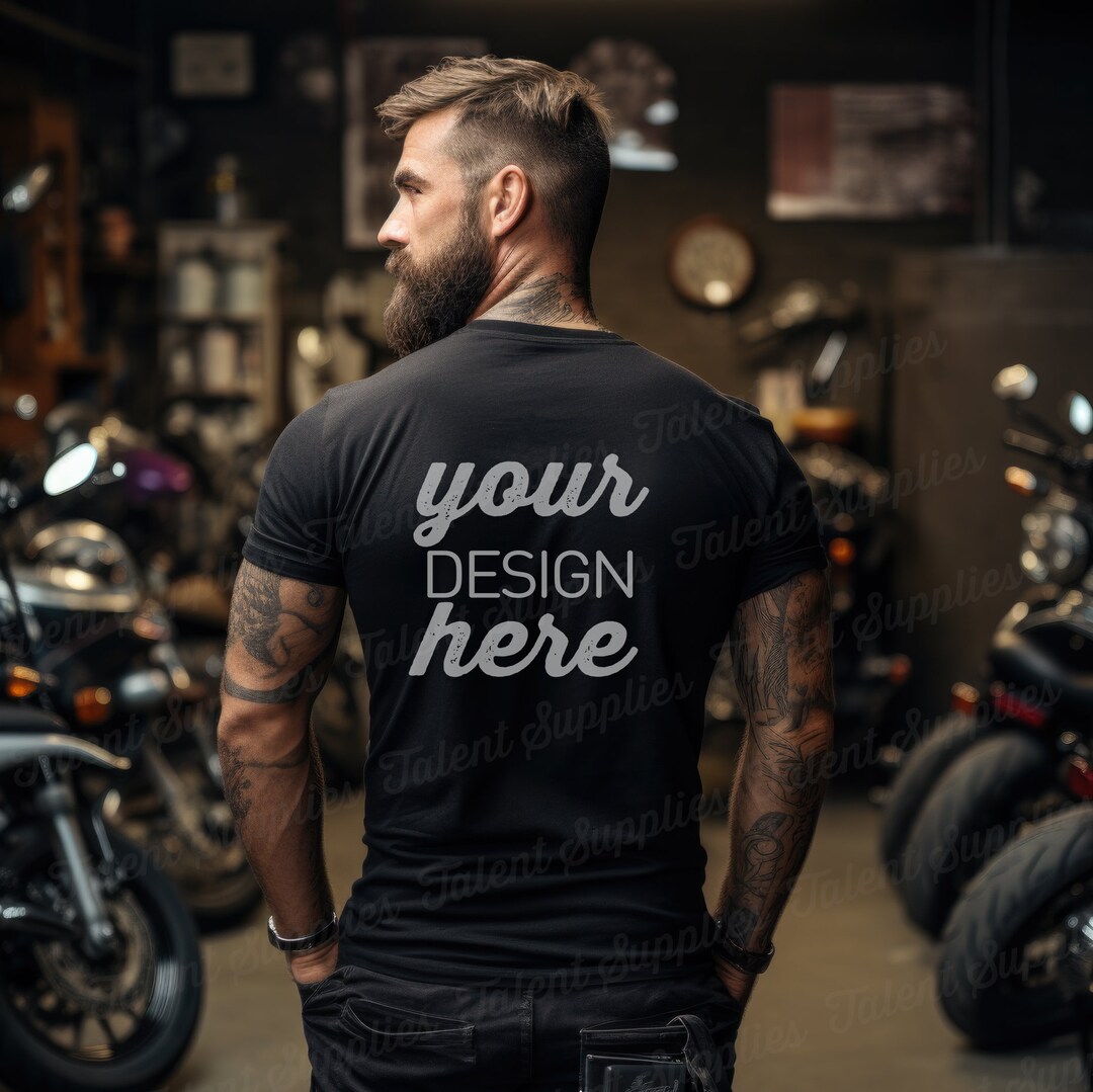 Biker Mockup, Black T-shirt Mockup, Bella Canvas 3001 Back View Motorcycle Men Mock, Apparel ...