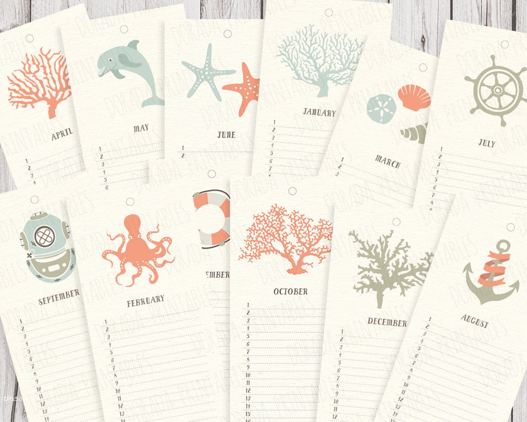 Sea Life Nautical Calendar. Printable Wall Art. Perpetual Twelve Months ...