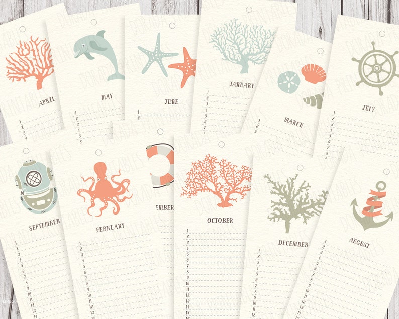 Sea Life Nautical Calendar. Printable Wall Art. Perpetual Twelve Months ...