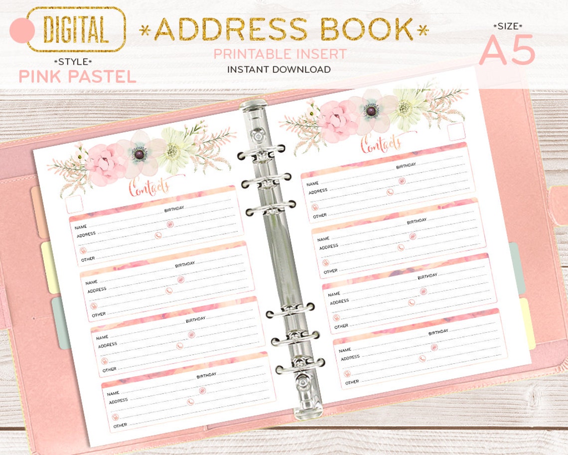 A5 Address Book Insert for Planner, Contacts, Printable Pages, Half ...