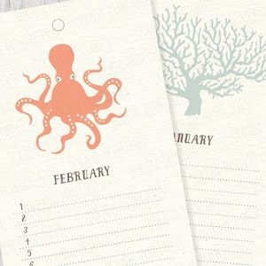 Sea Life Nautical Calendar. Printable Wall Art. Perpetual Twelve Months ...