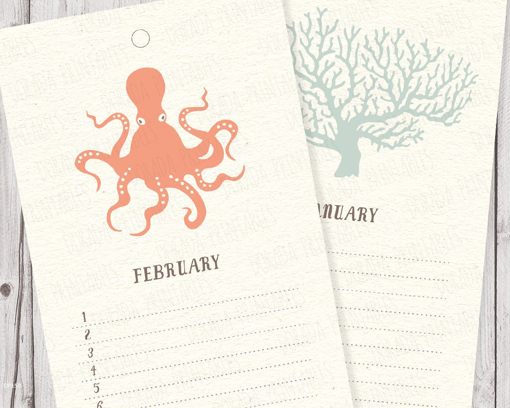 Sea Life Nautical Calendar. Printable Wall Art. Perpetual Twelve Months ...