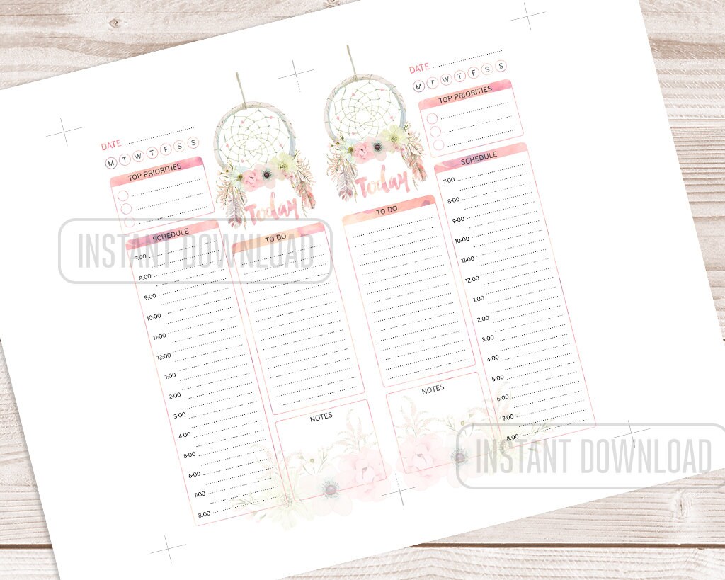 PERSONAL Daily Planner, Dreamcatcher Pink, Printable Pages, Watercolor ...