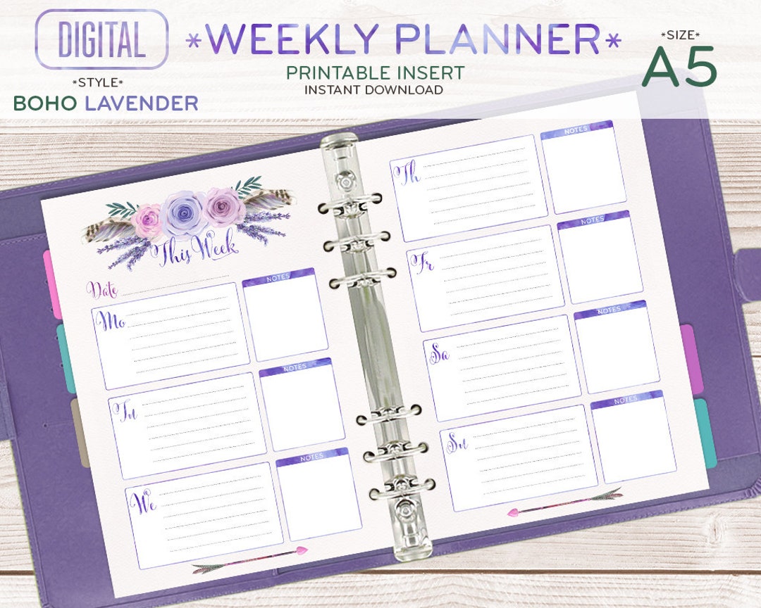Weekly Planner, A5 Printable Pages Insert, Watercolor Florals Bohemian ...