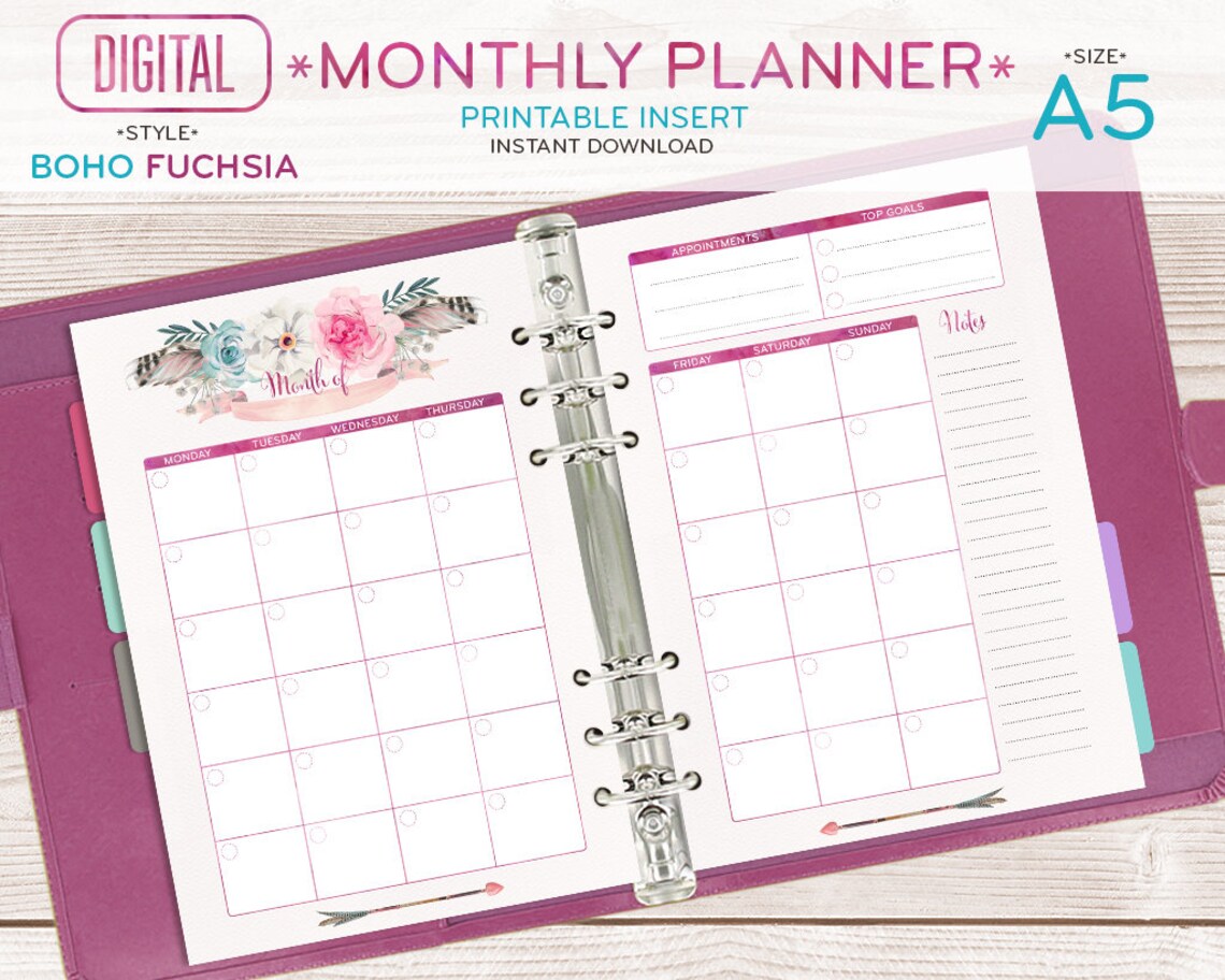 A5 Monthly Planner, Printable Pages, Spread Insert, Watercolor Florals ...