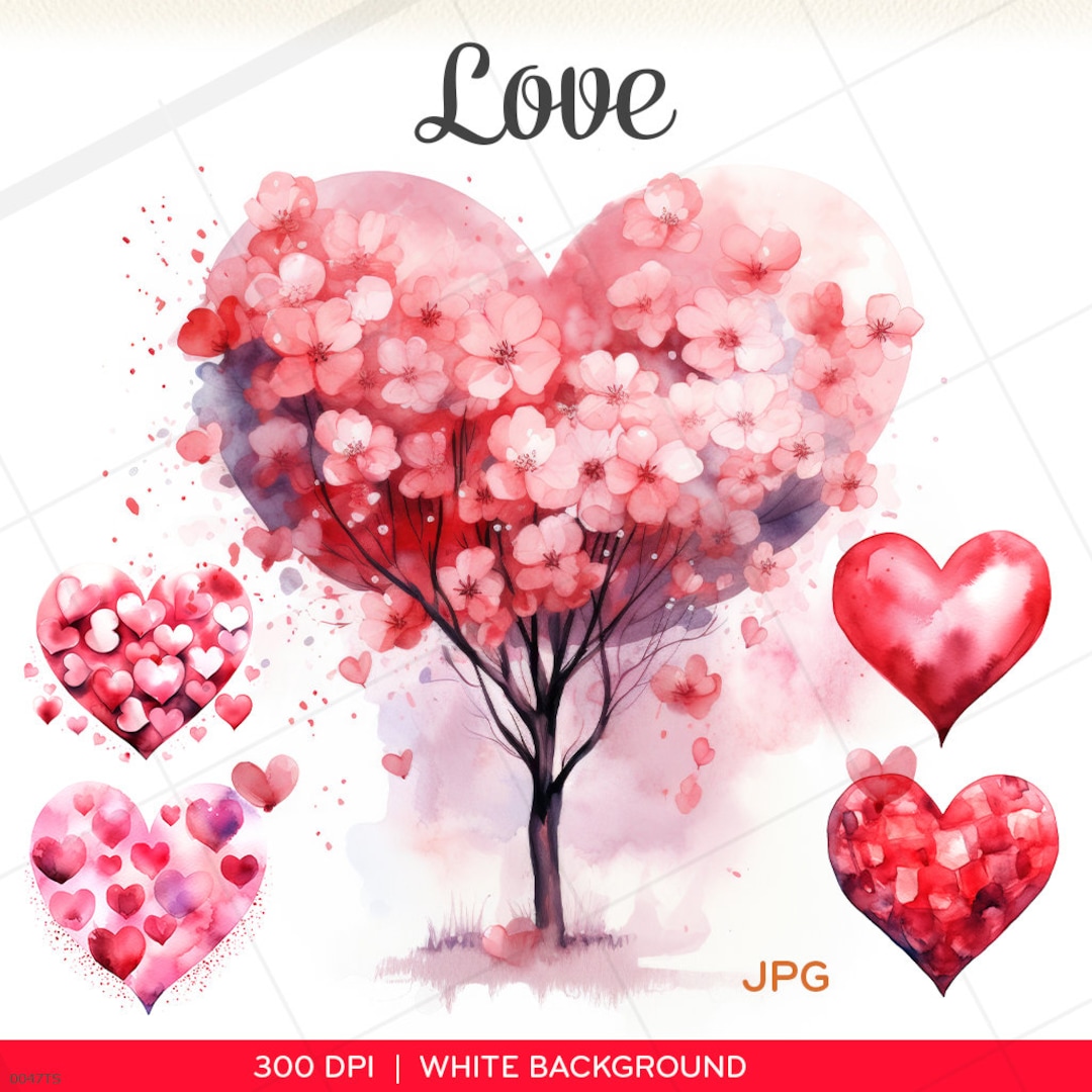 Tree of Hearts Valentine's Day JPG Images, Watercolor Red Pink Love ...