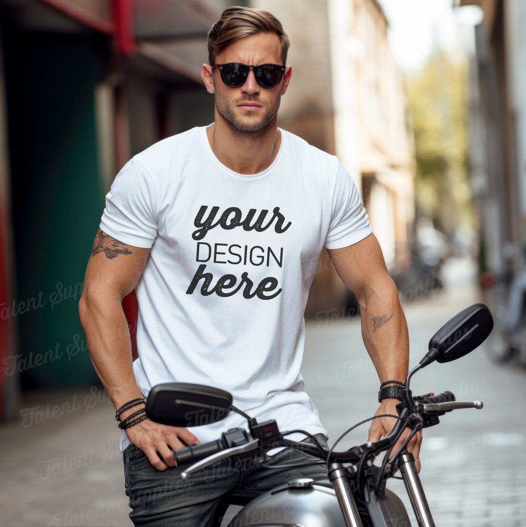 Biker Mockup, White T-shirt Mockup, Bella Canvas 3001 Tshirt Motorcycle ...