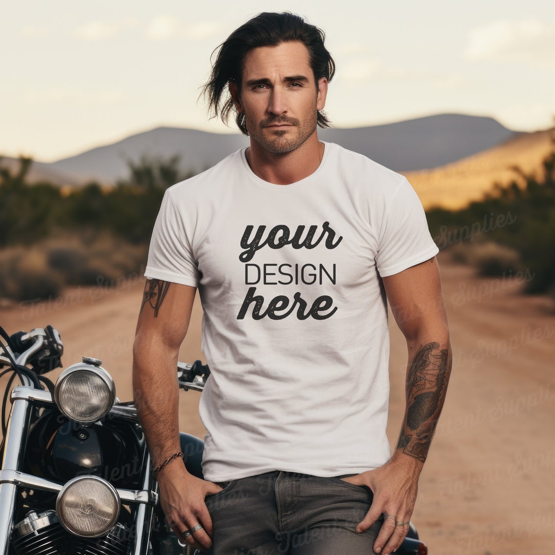 Biker Mockup, White T-shirt Mockup, Bella Canvas 3001 Tshirt Motorcycle ...