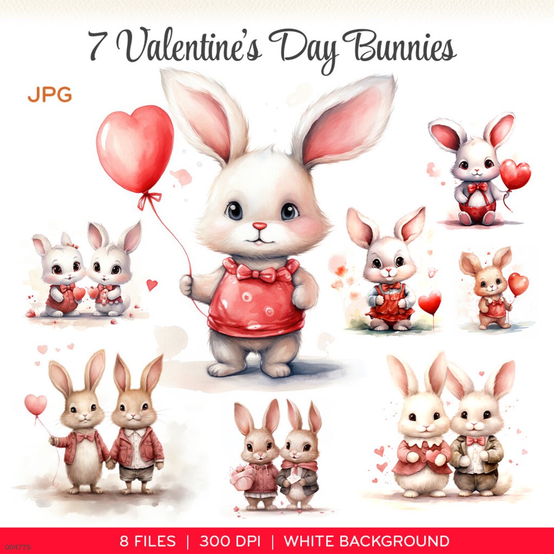Valentine's Day Bunnies, JPG, Watercolor Bunny Red Heart, Love Animal ...