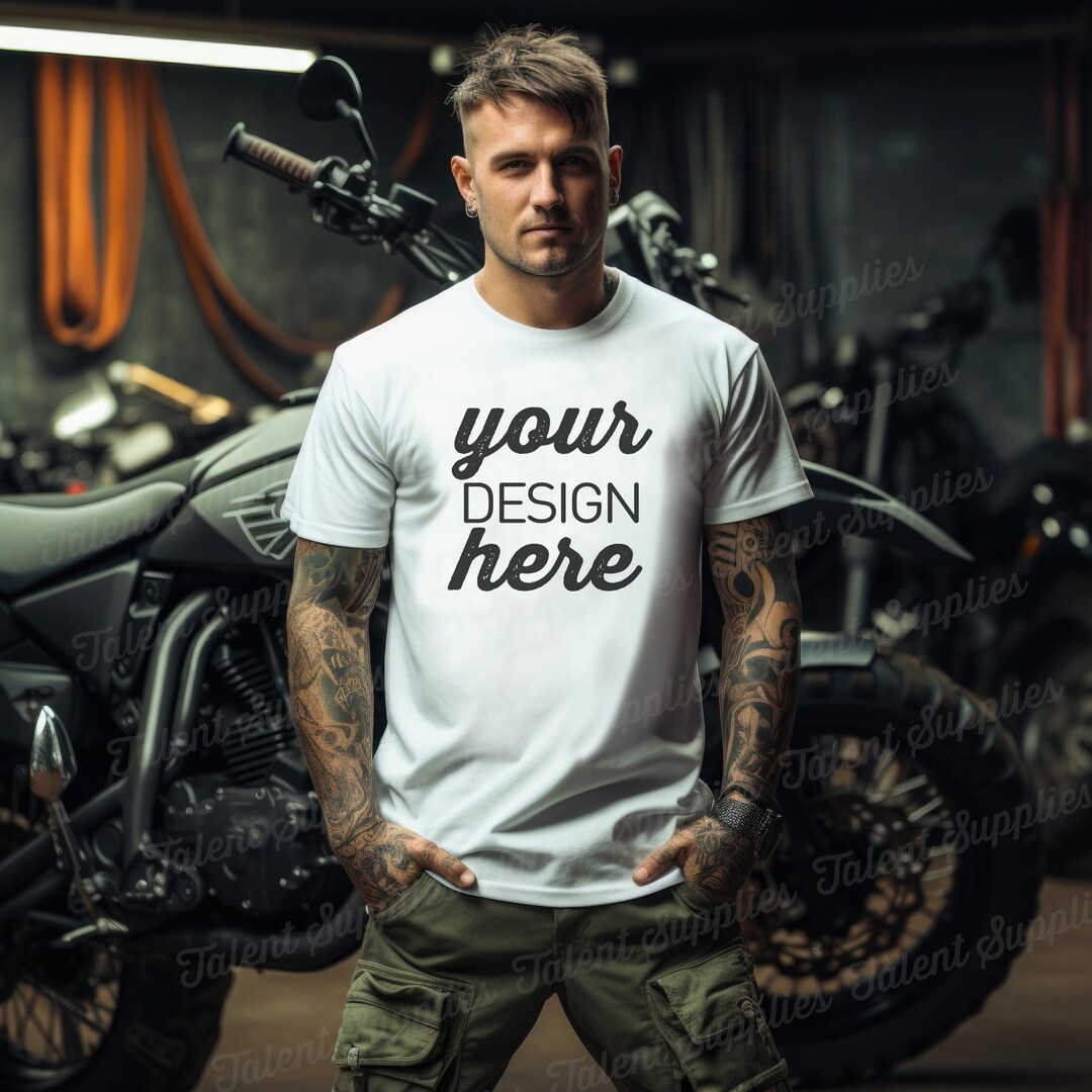 Biker Mockup, White T-shirt Mockup, Bella Canvas 3001 Tshirt Motorcycle ...