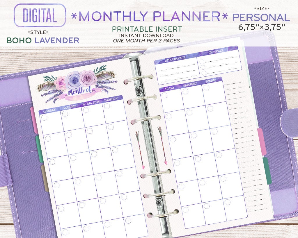 PERSONAL Size Monthly Planner Insert Printable Month per 2 Pages to Do ...