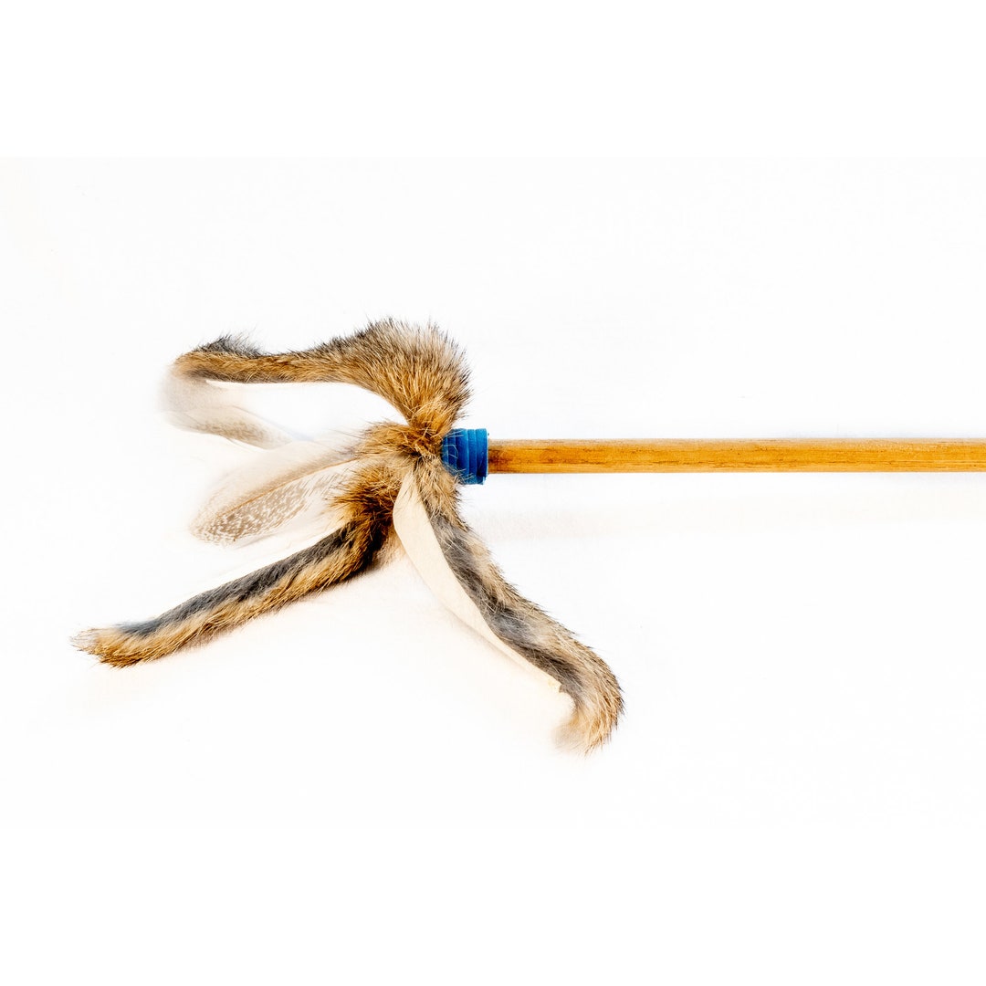 Cat Toy Teaser Stick Feather and Rabbit Fur Natural Interactive Play ...