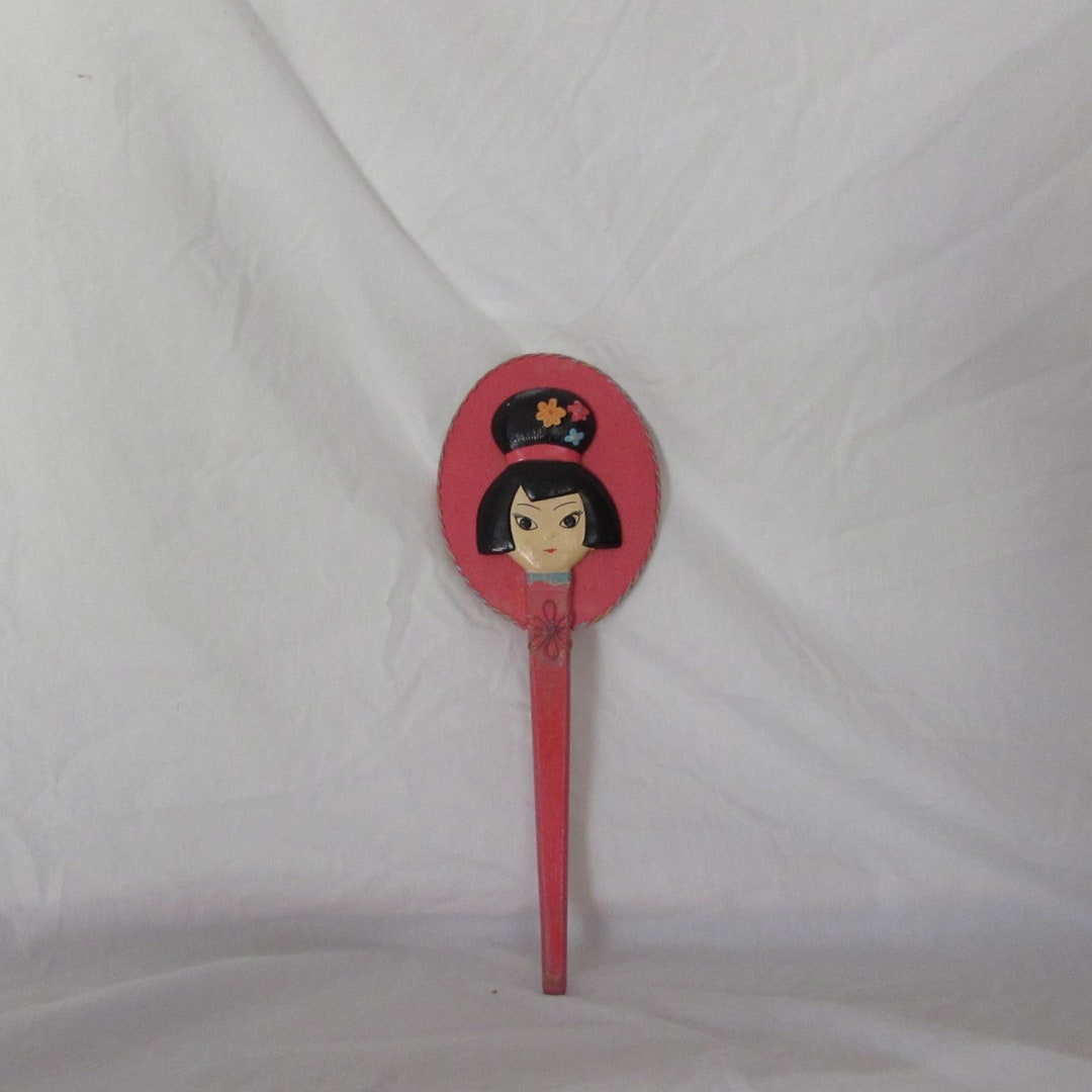 Vintage Japanese Girl Hand Mirror, Pink & Gold Painted Wood - Etsy