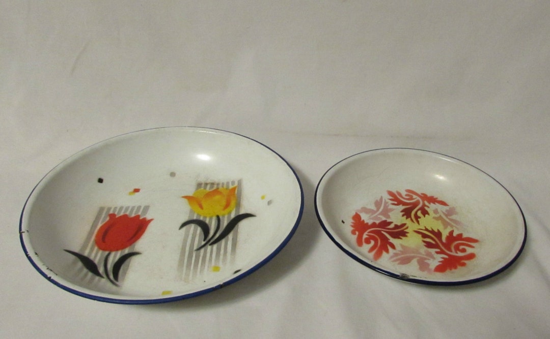 Enamelware, Shallow Pans/plates, Hand Painted, Set of Two, China, Old ...