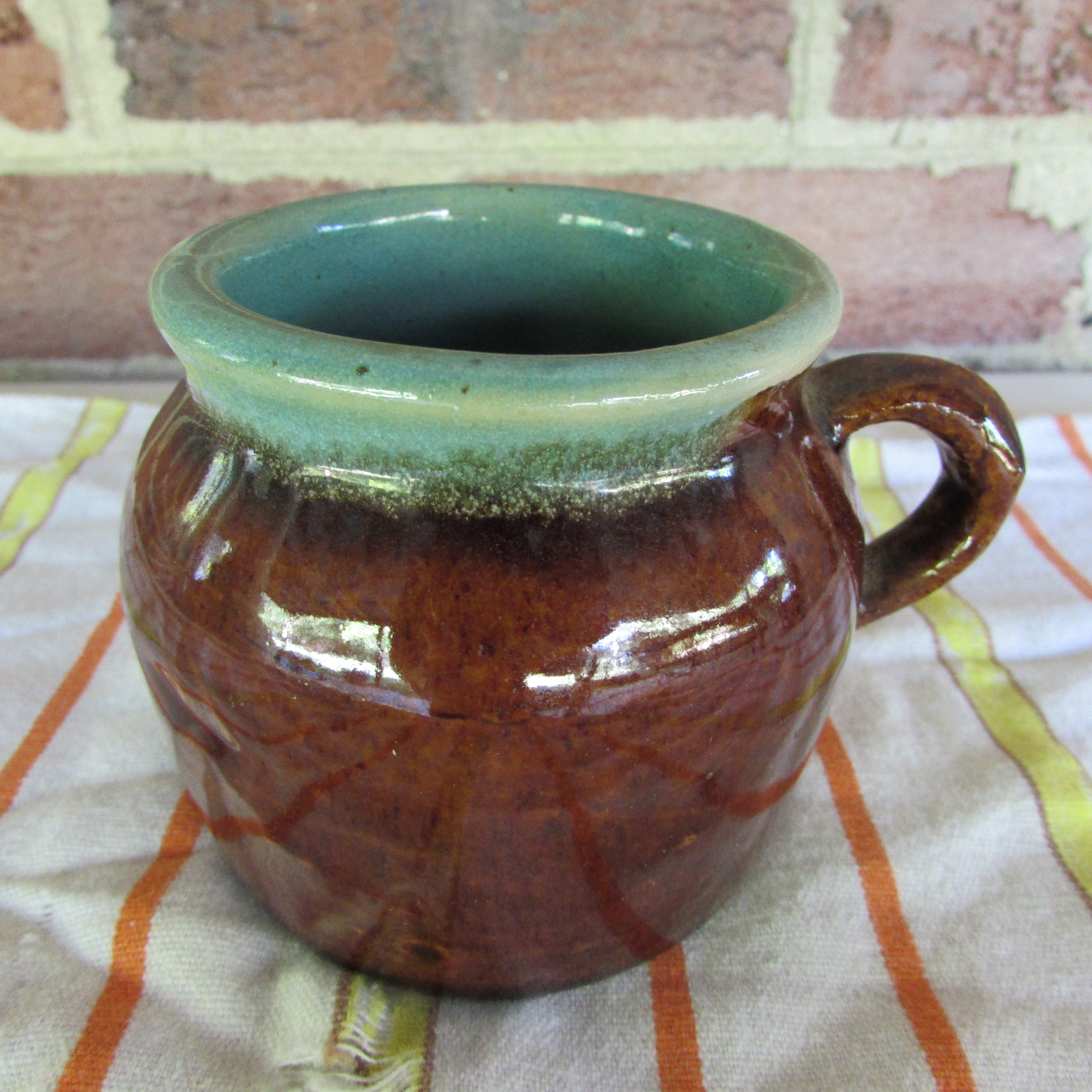 Yellow Ware Mug Bean Pot Style Brown and Green Glaze Pretty | Etsy