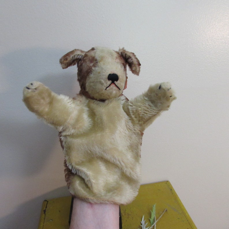 Puppy Hand Puppet, Mohair, Mid Century. Original Red Ribbon ...