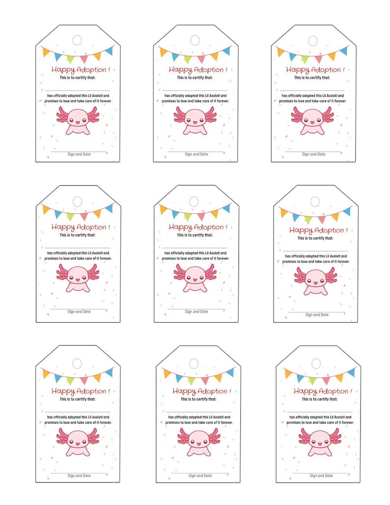 Axolotl Adoption Certificate Tags Printable Labels - Etsy