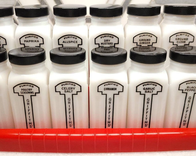 Antique Art Deco Griffith's Spice Rack Milk Glass With Red Lids and ...