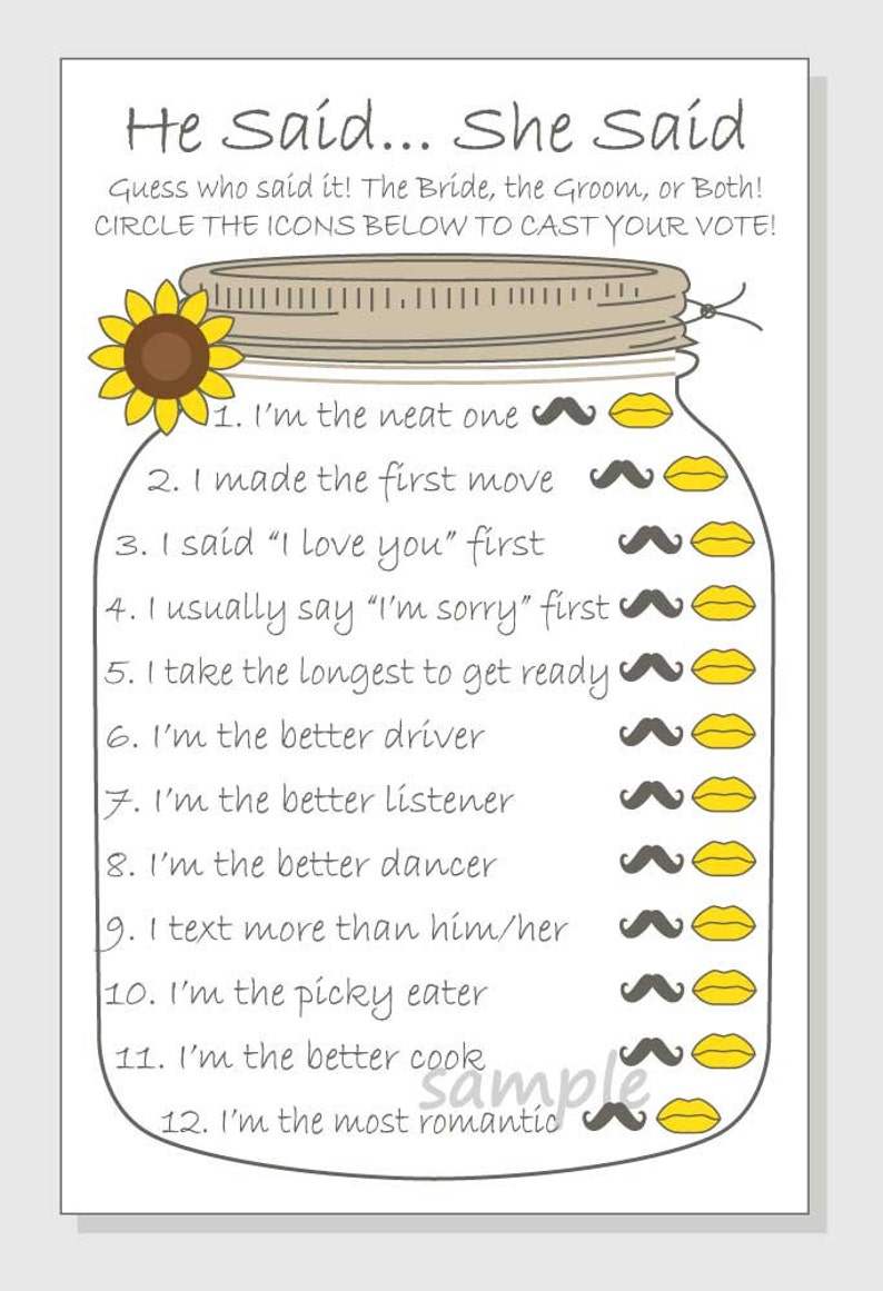 He Said... She Said Printable Cards Bridal Shower Game DIY - Etsy Canada