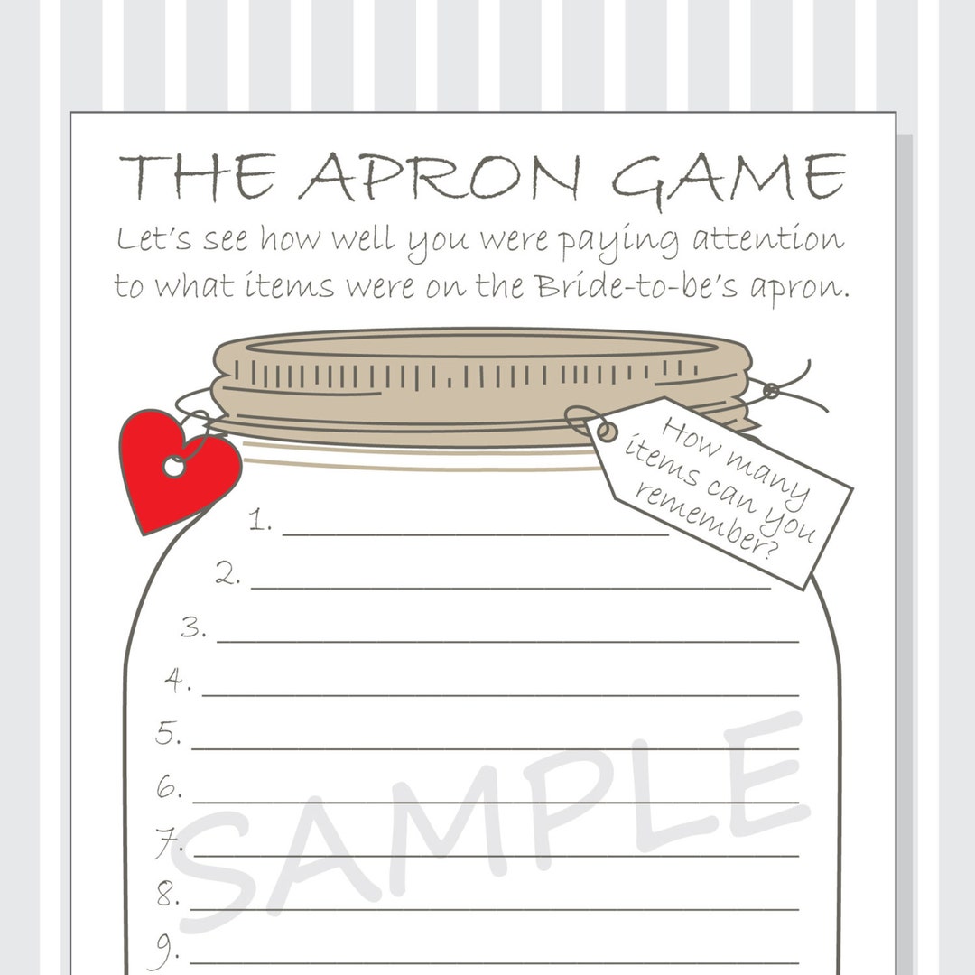 Bridal Shower The Apron Game Printable Cards Diy Rustic Mason Jar