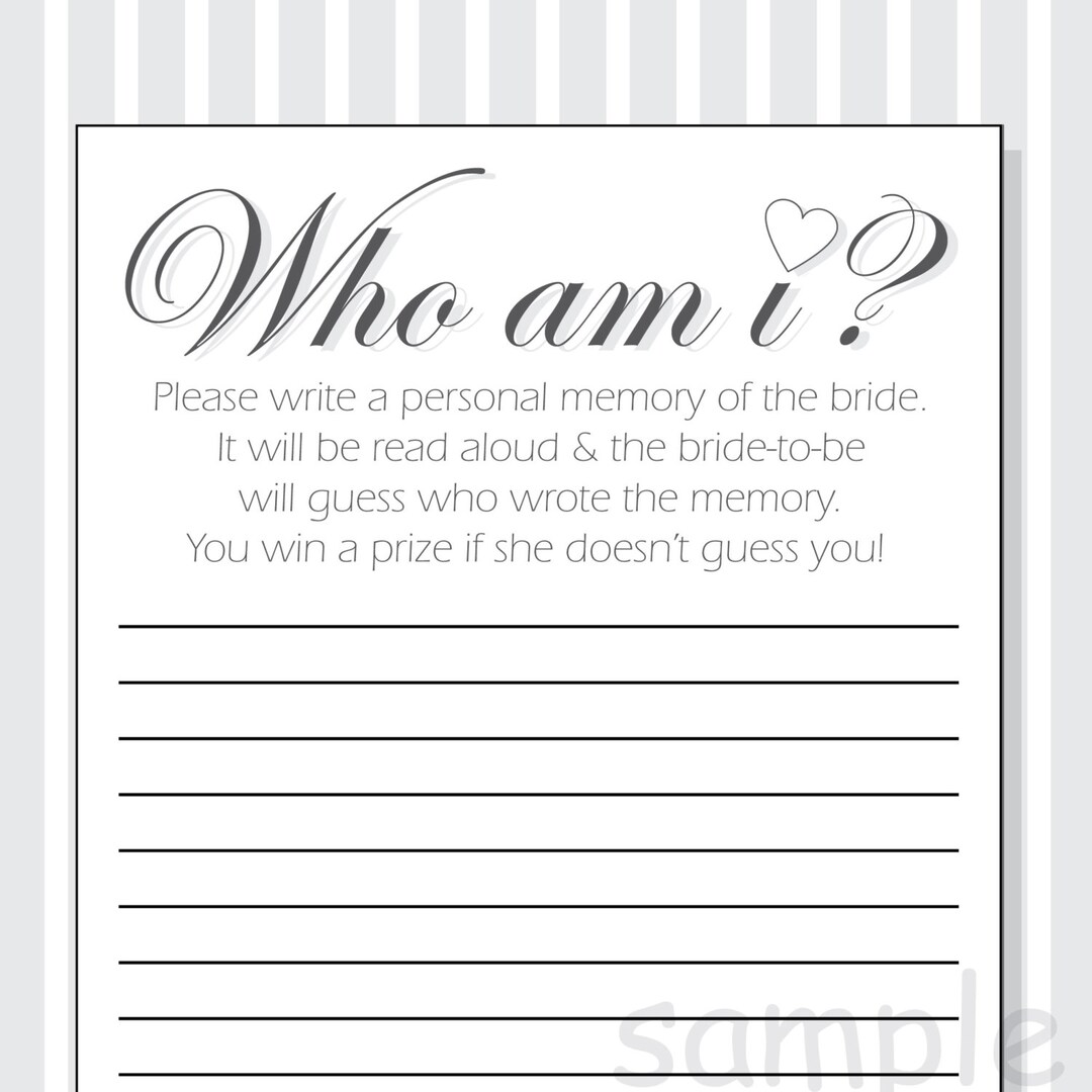 DIY Who Am I? Printable Bridal Shower Game - White, Red, Purple, Pink ...