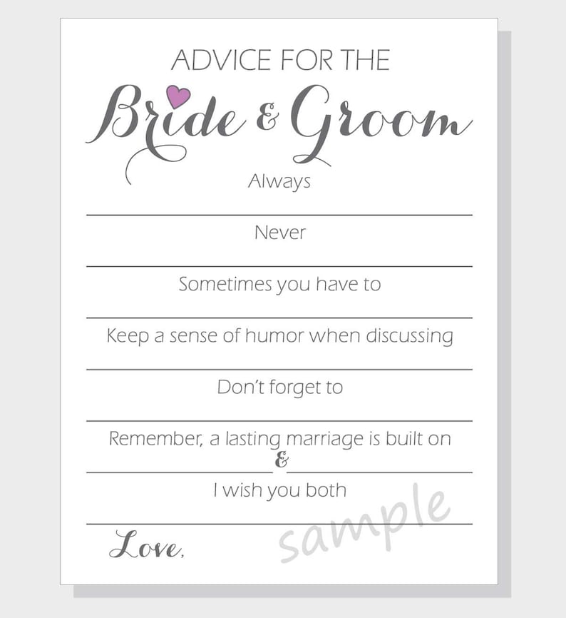 Diy Advice For The Bride And Groom Printable Cards For A Bridal Etsy