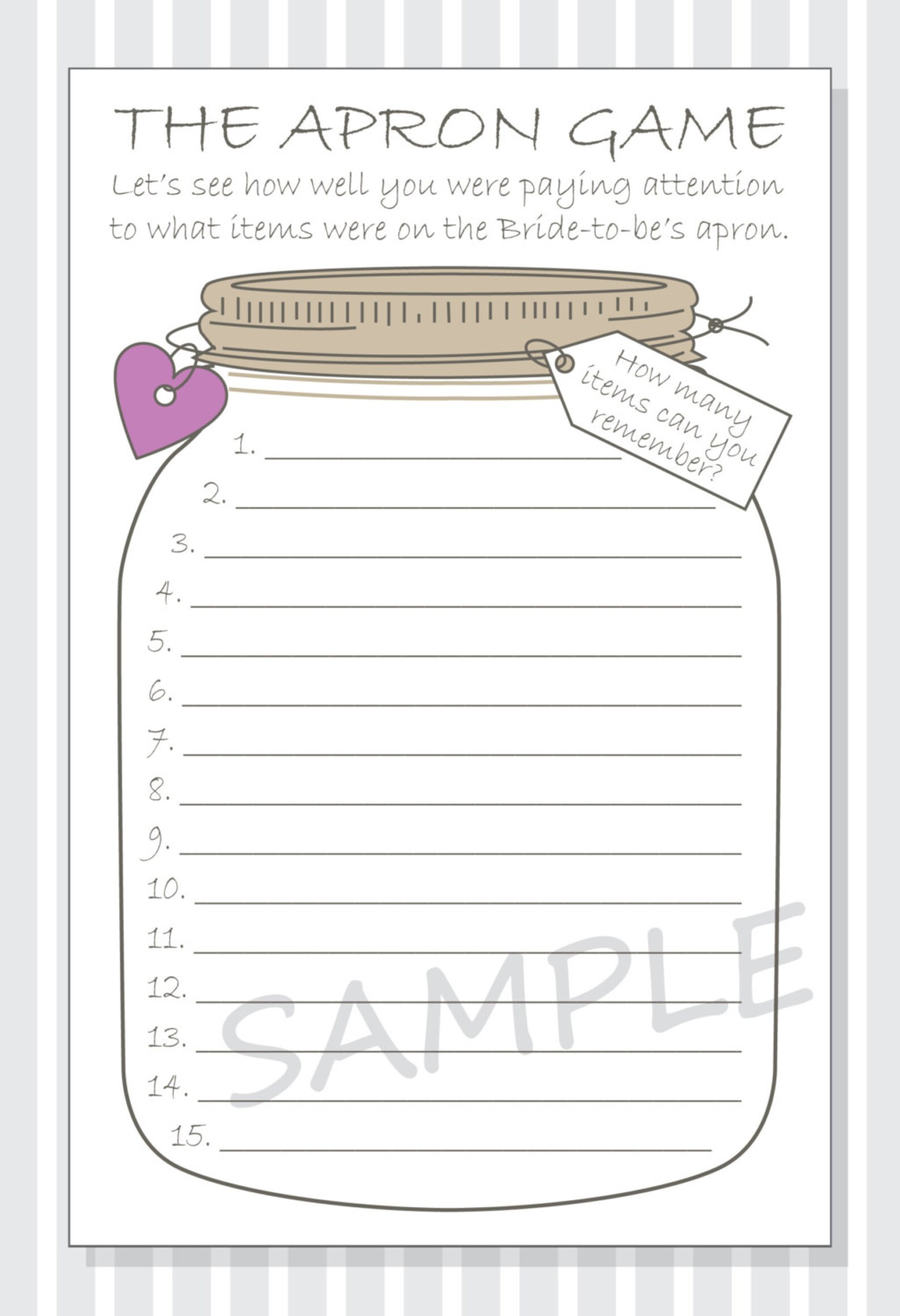 Bridal Shower The Apron Game Printable Cards Diy Rustic Mason Jar