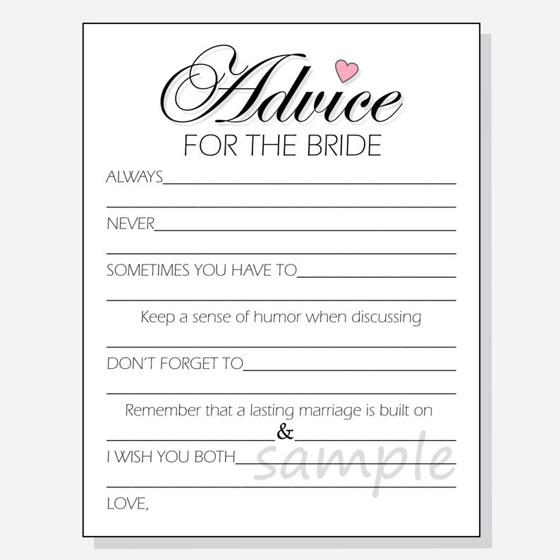 DIY Advice for the Bride Printable Cards for a Bridal Shower - Elegant ...