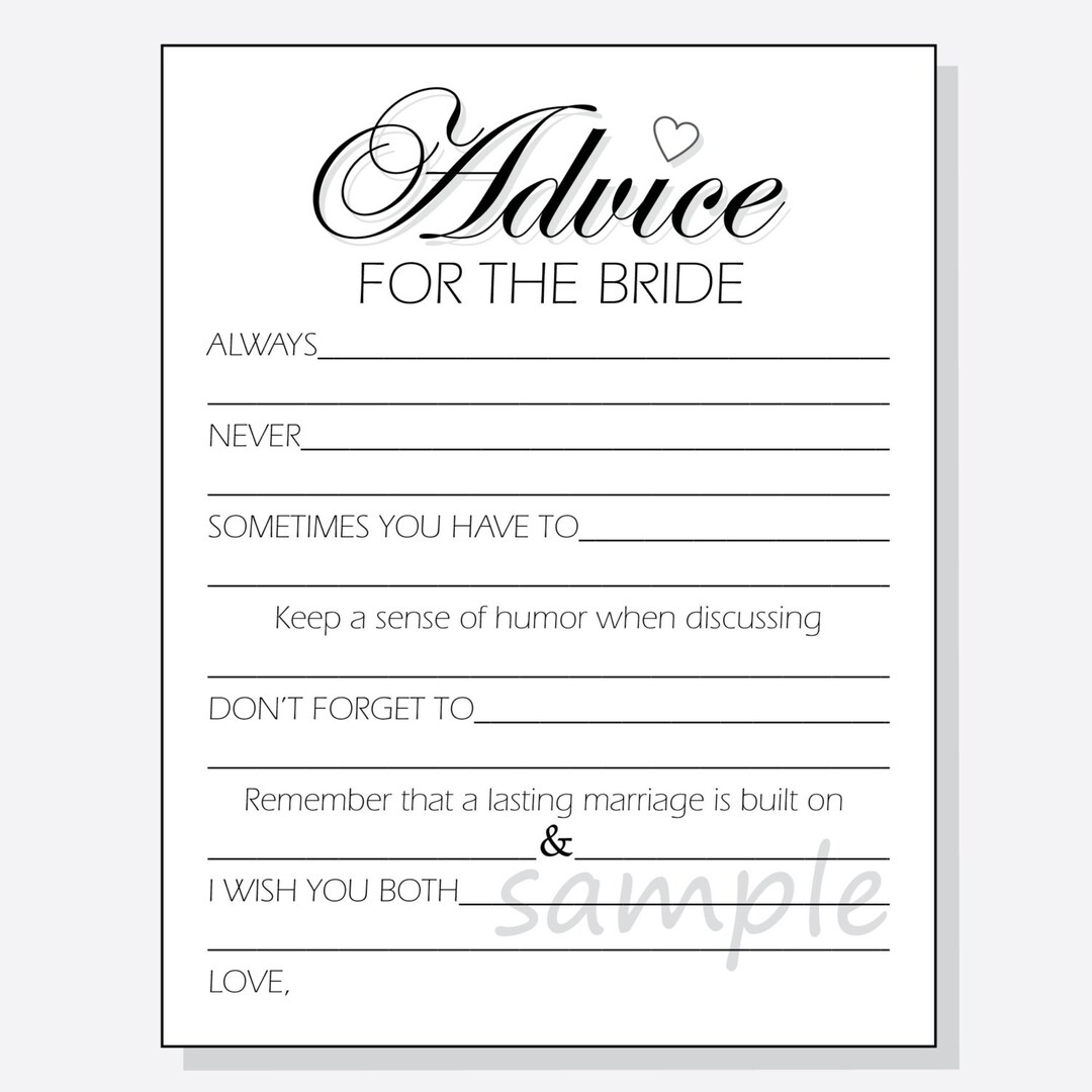 Diy Advice For The Bride Printable Cards For A Bridal Shower Elegant