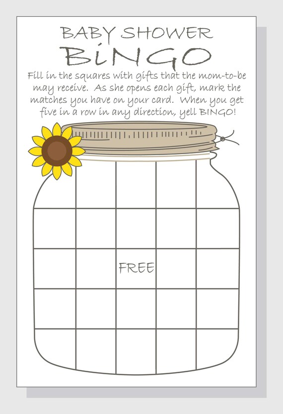 DIY Mason Jar Baby Shower Bingo Printable Cards Sunflower | Etsy