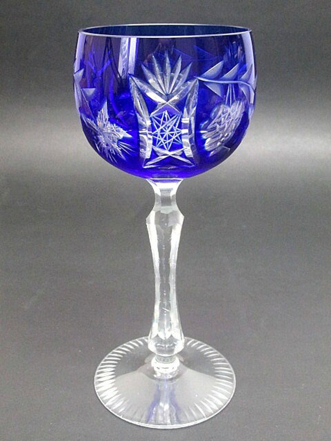 Vintage Bohemian Czech Cobalt Blue Cut to Clear Crystal Wine Hock Glass ...