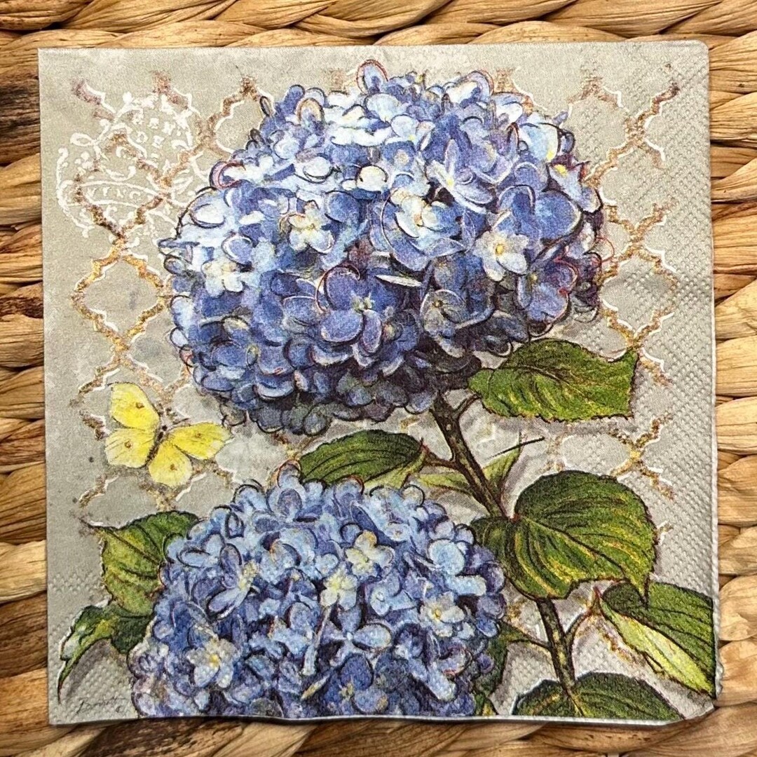 Set of 2 Hydrangea Cocktail Napkins for Decoupage, Floral Napkins for ...