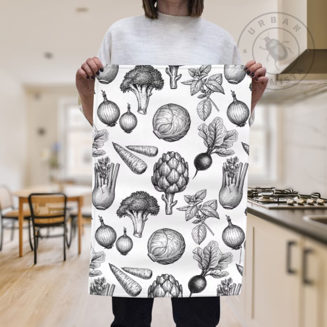 Organic Cotton Hemp Tea Towel Vintage Vegetables in Black & White ...