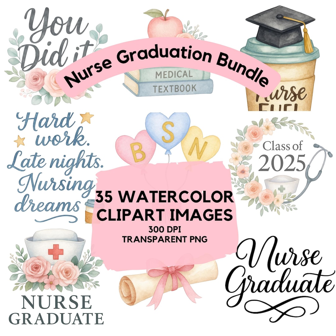 Nursing Graduation Clipart Bundle - 35 Soft Watercolor Pngs ...