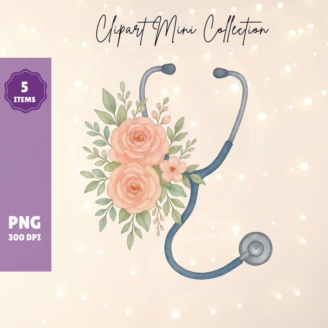 Floral Stethoscope Clipart Bundle – 5 PNG Medical Illustrations – Nurse ...