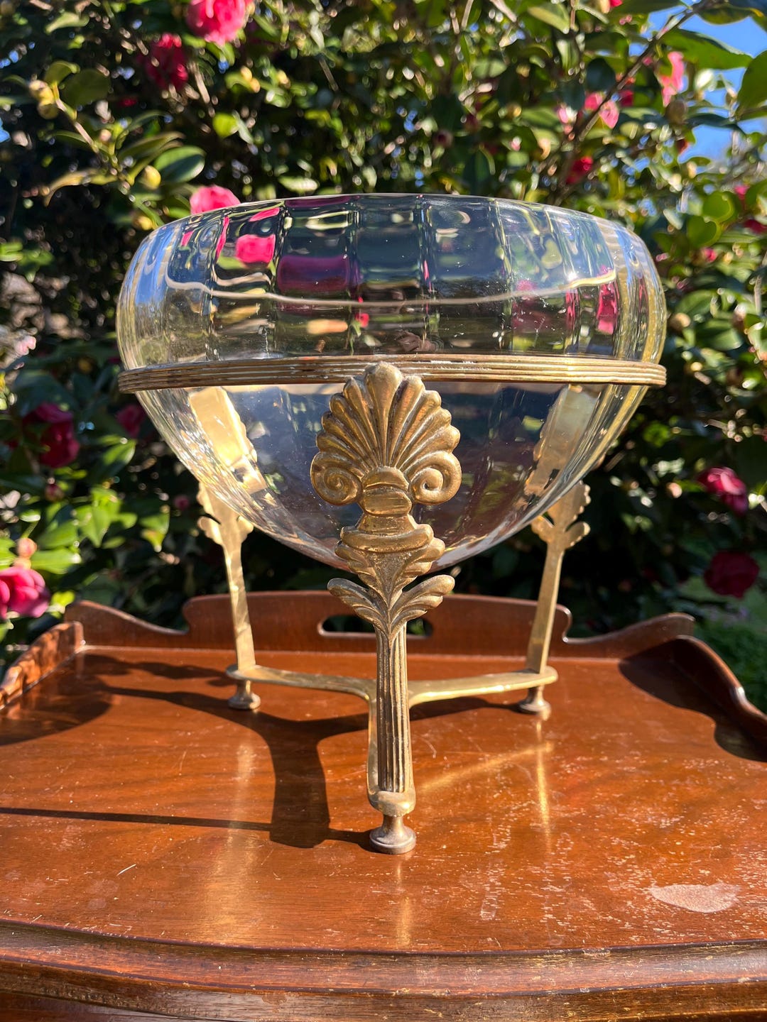 Large Brass Seashell Stand Vase Orb Vintage Decor Display Shelf Accent ...