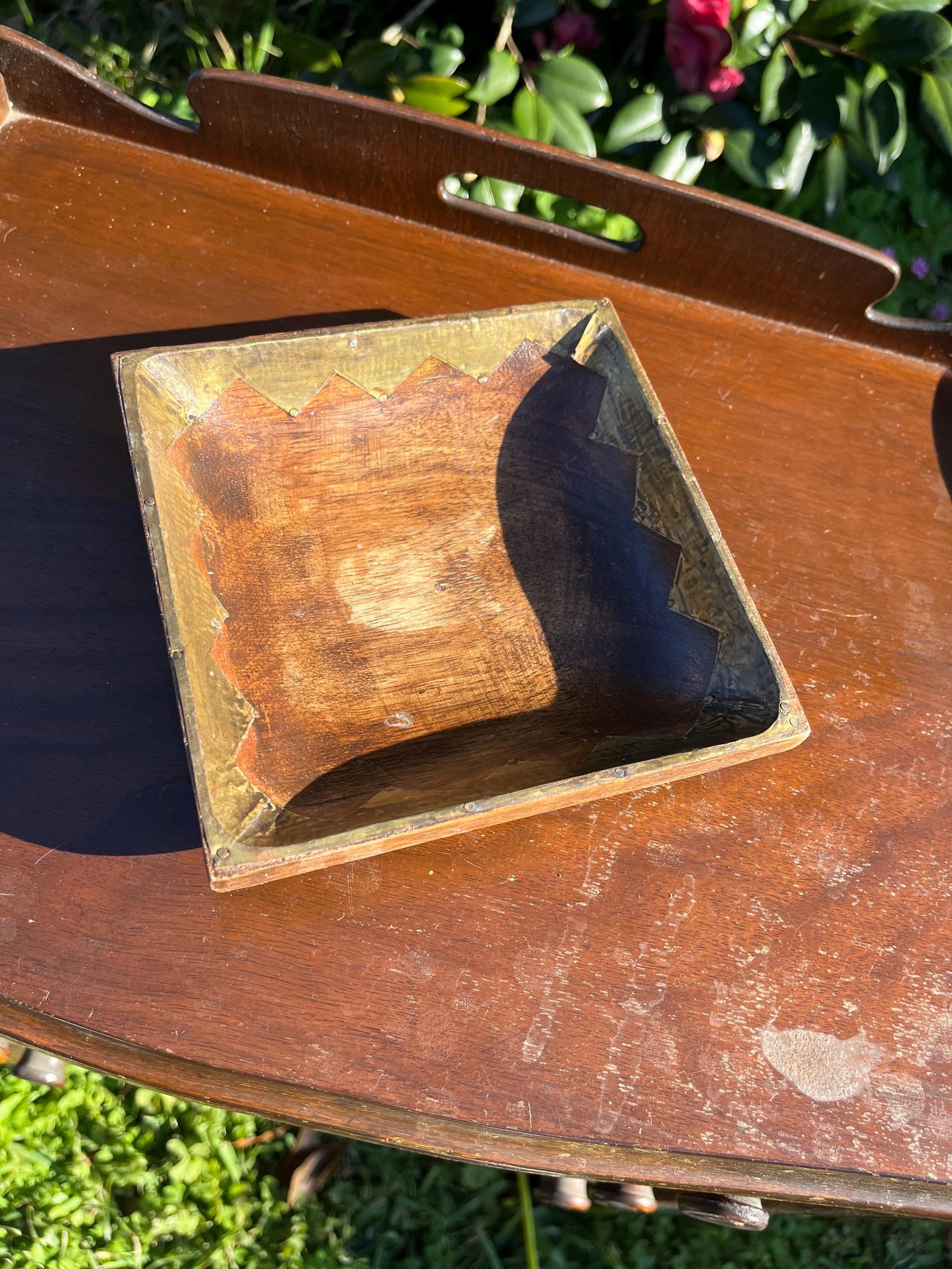 Square Wooden Bowl With Brass Lining, Rustic Decor, Handcrafted Serving ...