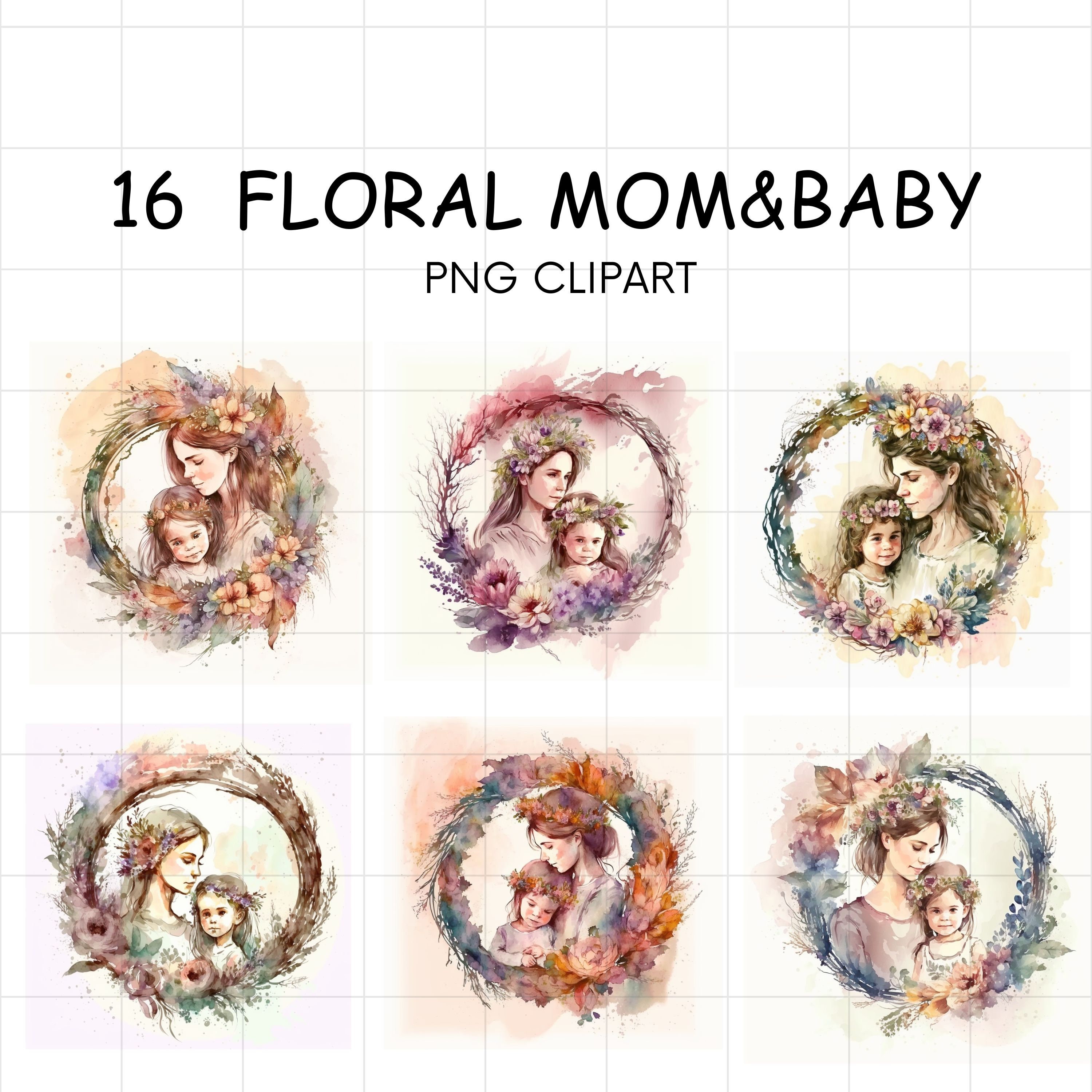 Floral Wreath Mom & Baby Watercolor Clipart Bundle, Watercolor Art ...