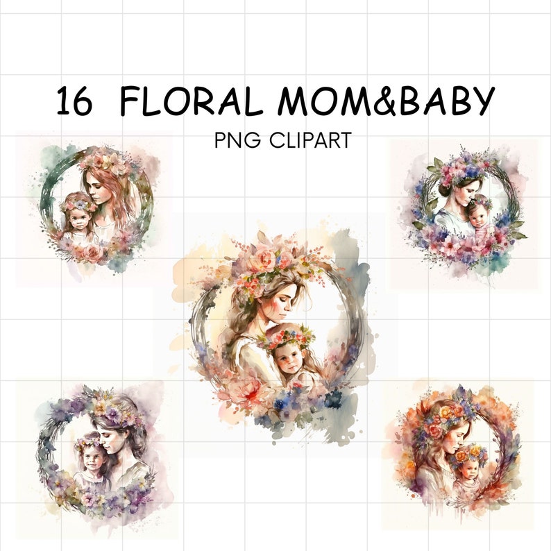 Floral Wreath Mom & Baby Watercolor Clipart Bundle, Watercolor Art ...