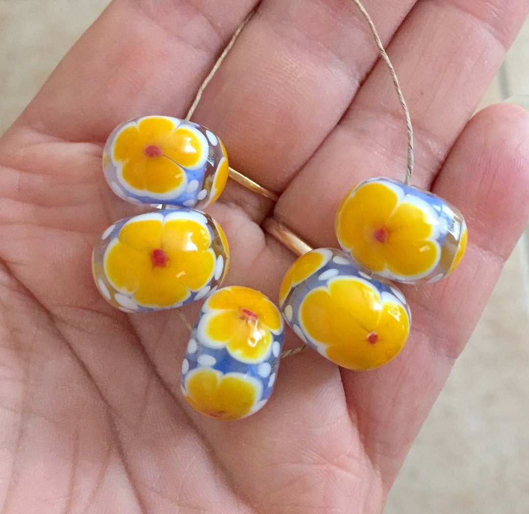 2+ Yellow Lampwork Flower Beads, Handmade Glass Beads, Floral Lampwork ...