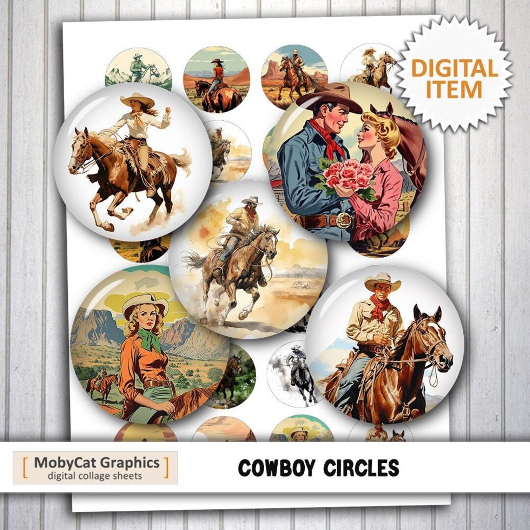 Cowboys Digital Collage Sheet Printable Circles for Cabochons ...