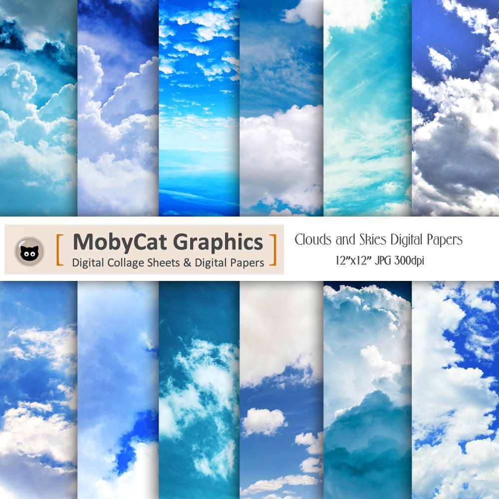 Clouds and Skies Digital Papers 12"x12" Blue Sky White Clouds Photo ...
