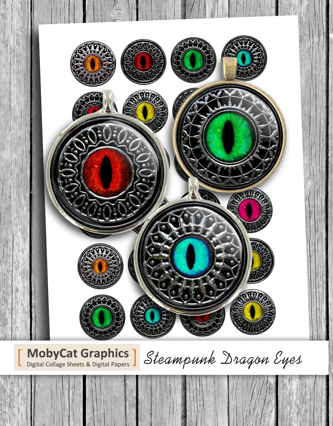 Steampunk Dragon Eyes Collage Sheet, Printable Circle Images (digital ...