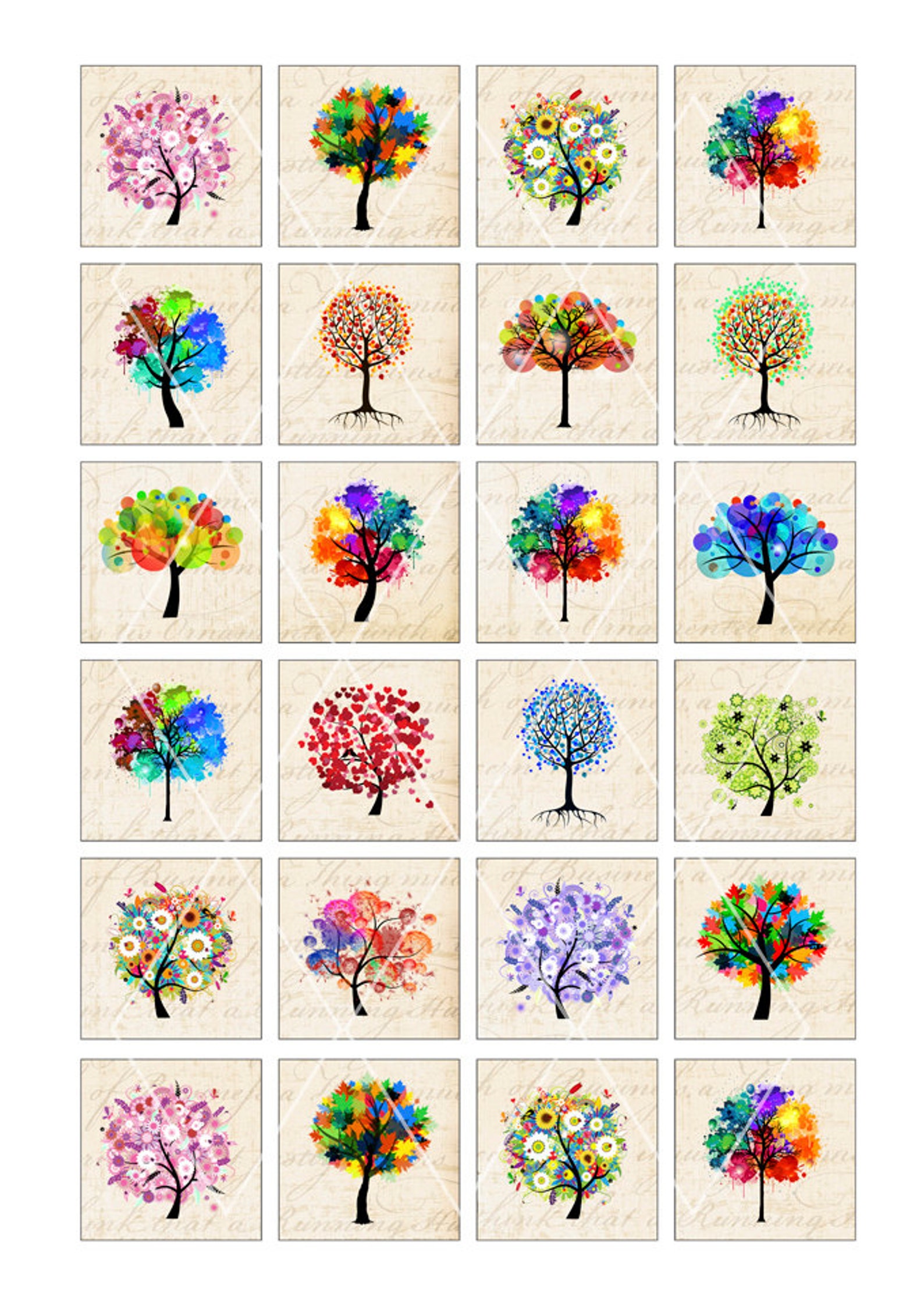 Colorful Trees 1x1 Inch, 1.5x1.5 Inch Square Digital Images for Jewelry ...