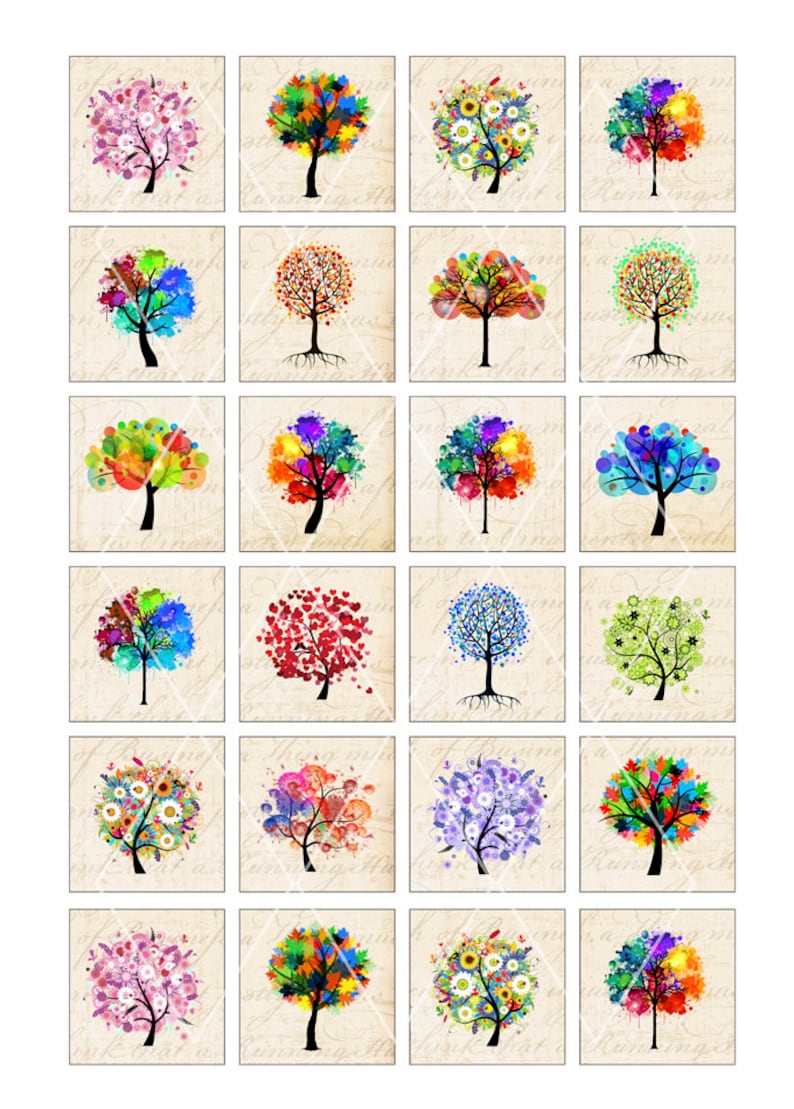 Colorful Trees 1x1 Inch, 1.5x1.5 Inch Square Digital Images for Jewelry ...