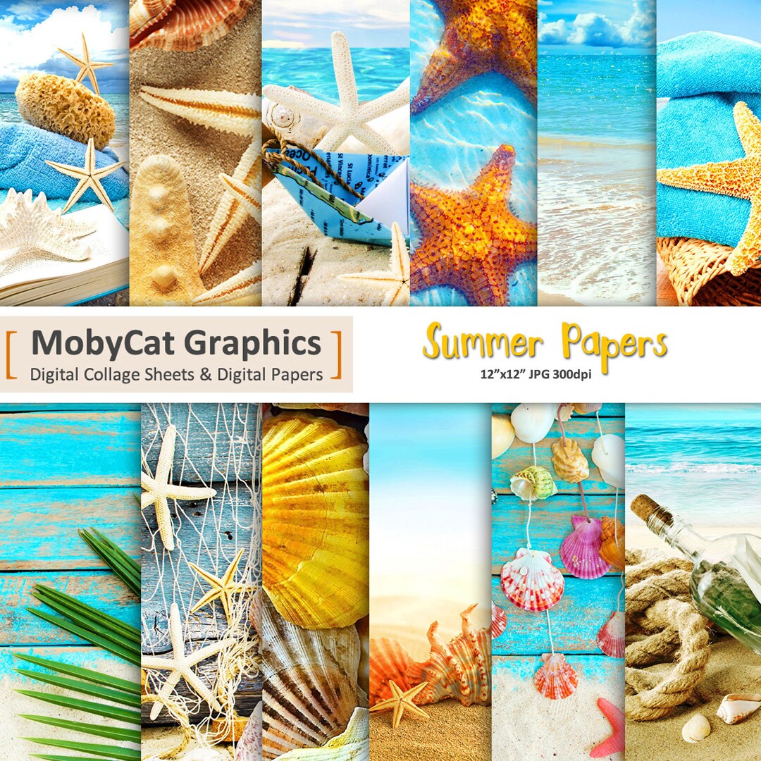 Summer Beach Digital Paper Pack: Shells, Sand (12"x12" JPG) (digital ...